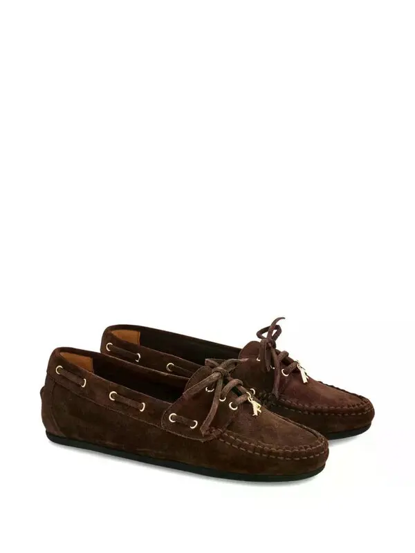 FERRAGAMO Leather Boat Shoes With Gold Tone F Charm - Brown