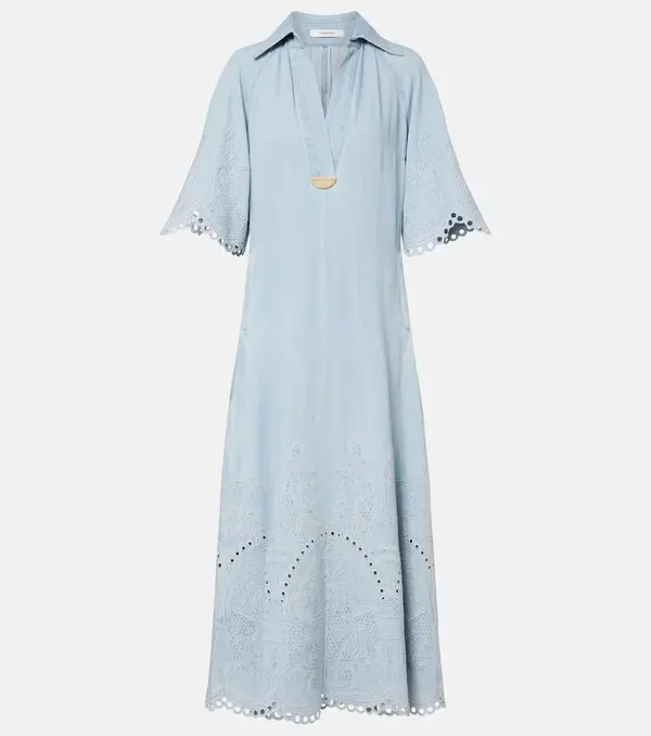 Zimmermann Daylight Embroidered Denim Midi Dress