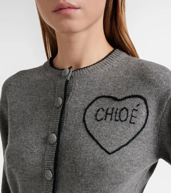 Chloé Logo Wool And Cashmere Cardigan - Grey