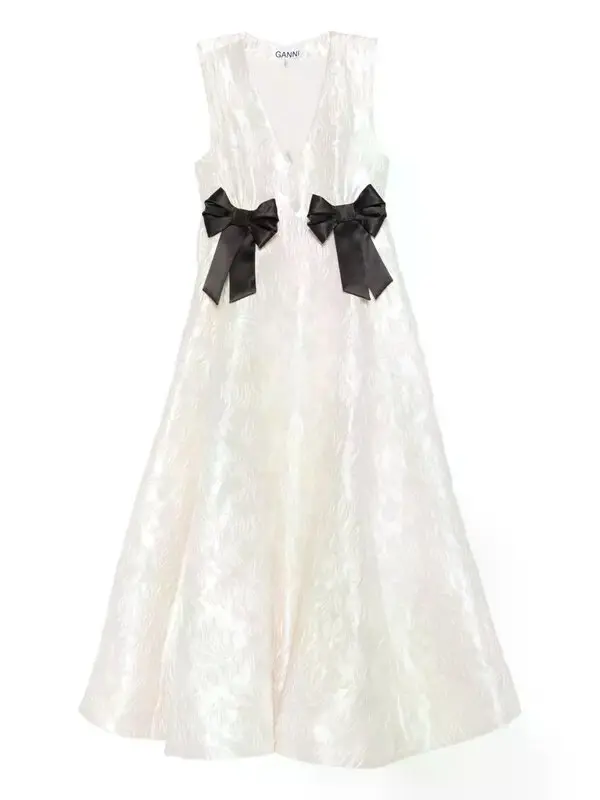 GANNI Satin Cloqué Long Dress With Removable Bow Accents