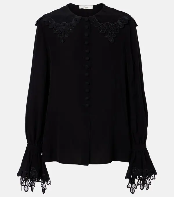 Chloé Embroidered Silk Crêpe De Chine Blouse - Black