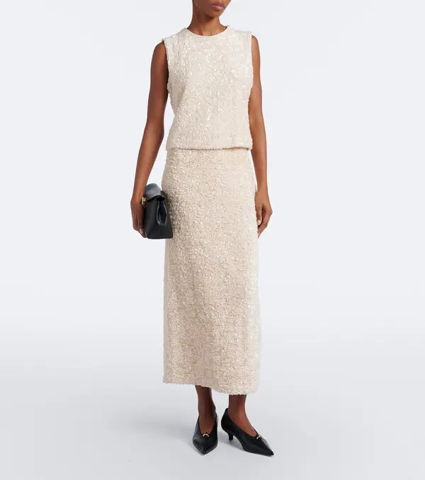 Vince Sequined Velvet Midi Skirt - Beige