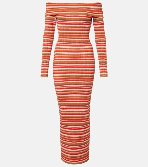 BANANHOT Bonnie Ribbed-knit Striped Off-shoulder Maxi Dress - Multicoloured
