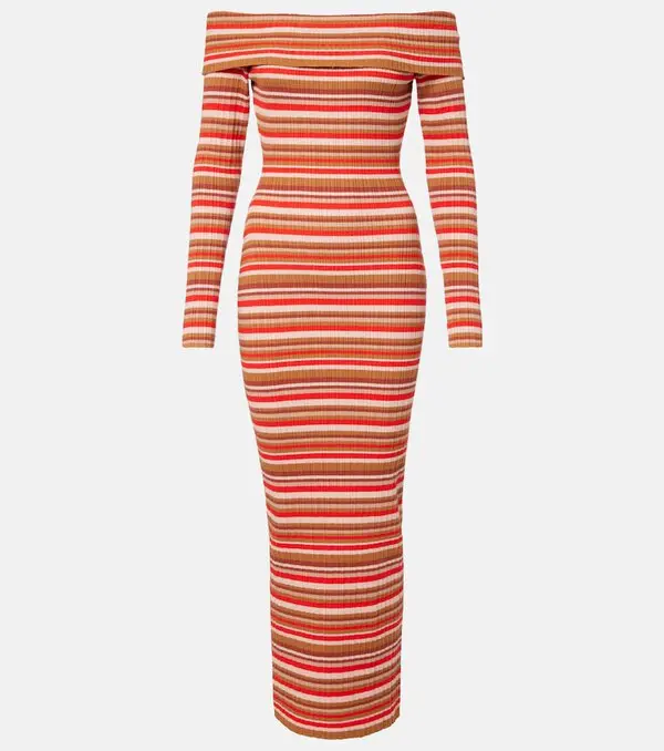 BANANHOT Bonnie Ribbed-knit Striped Off-shoulder Maxi Dress - Multicoloured
