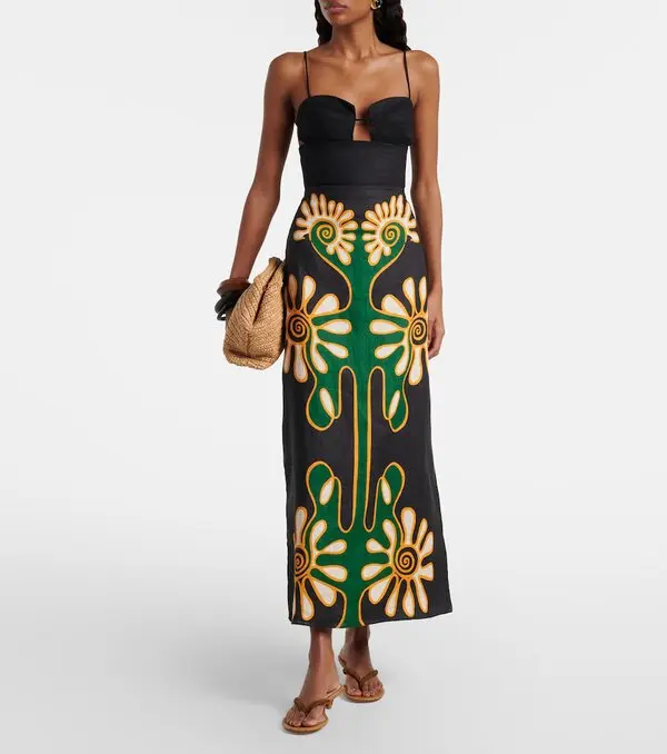CALA DE LA CRUZ Celina Printed Linen Midi Skirt