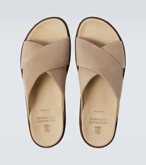 Brunello Cucinelli Suede Open Toe Slides - Beige
