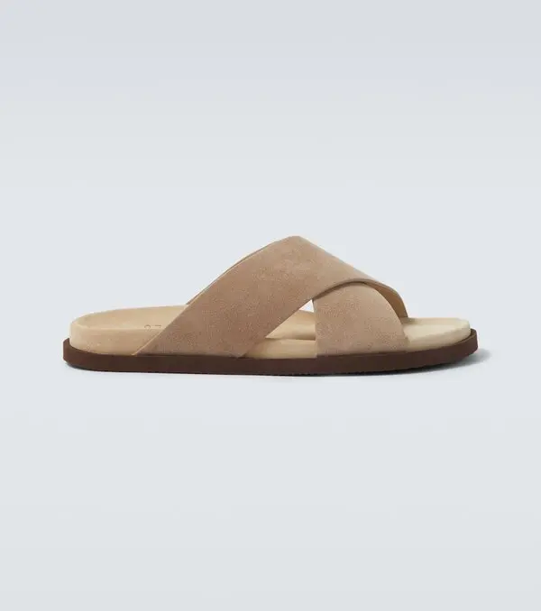 Brunello Cucinelli Suede Open Toe Slides - Beige