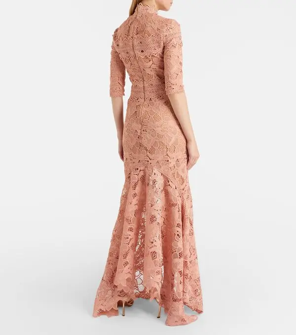 green emerald velvet dress Guipure Lace Dress with Flower Embellishments