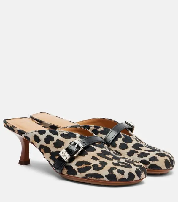 GANNI Sue Printed Denim Mules - Brown