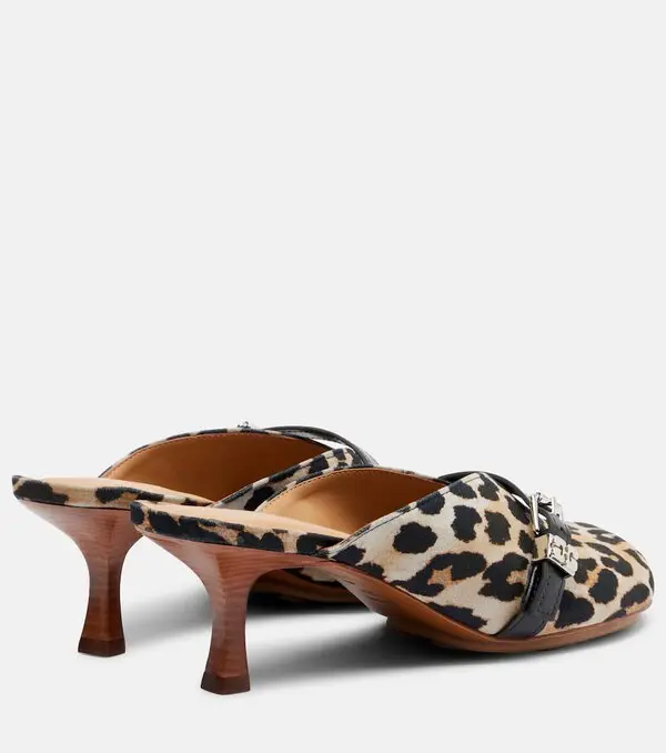 GANNI Sue Printed Denim Mules - Brown