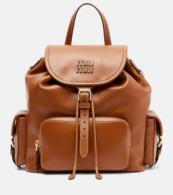 Miu Miu Logo Leather Backpack - Brown