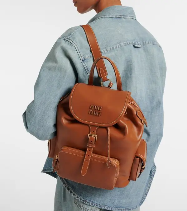 Miu Miu Logo Leather Backpack - Brown