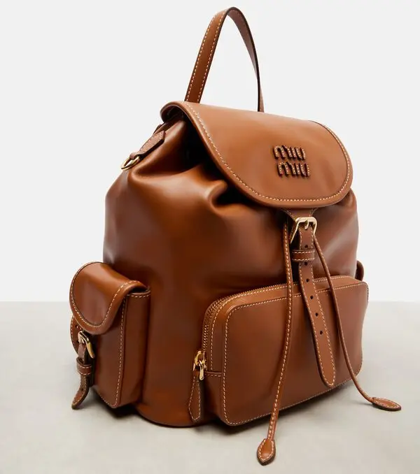 Miu Miu Logo Leather Backpack - Brown