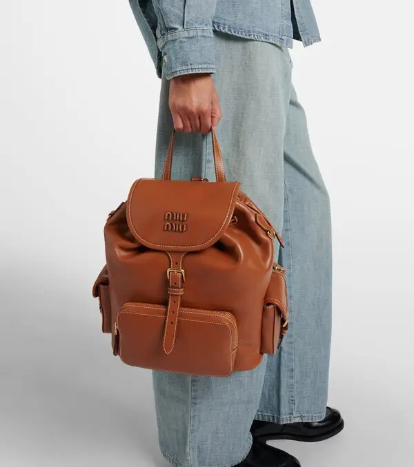 Miu Miu Logo Leather Backpack - Brown