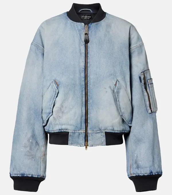 Balenciaga Cropped Denim Bomber Jacket - Blue
