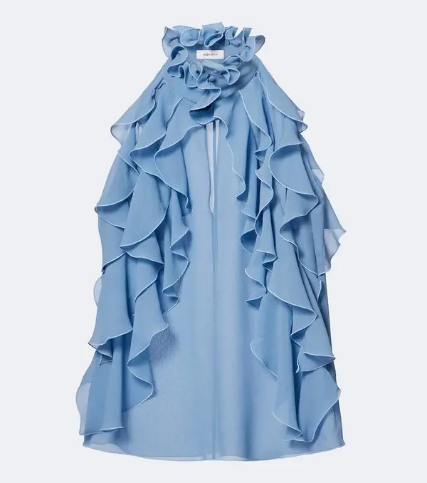 Alexander McQueen Ruffled Silk Georgette Top - Blue