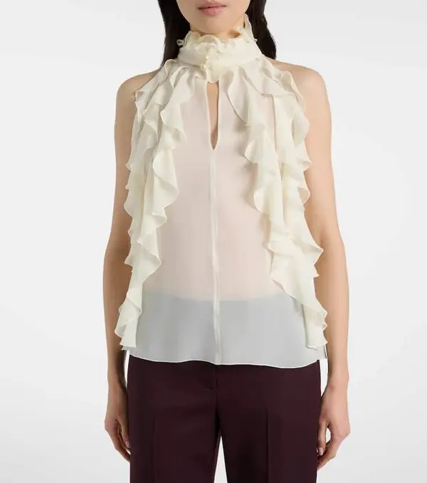 Alexander McQueen Ruffled Cutout Silk Georgette Top - White
