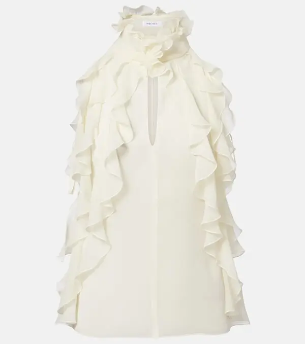 Alexander McQueen Ruffled Cutout Silk Georgette Top - White