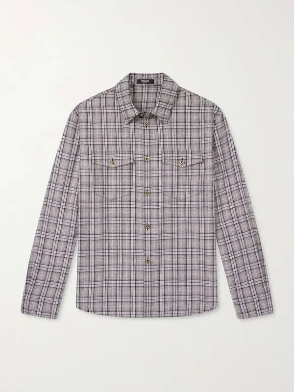 Versace Checked Wool-flannel Shirt - Light Brown