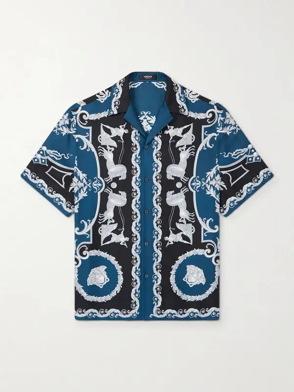Versace Camp-collar Printed Silk-twill Shirt - Blue