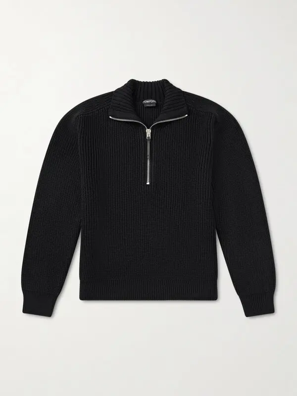 TOM FORD Ribbed Merino Wool Half-zip Sweater - Black