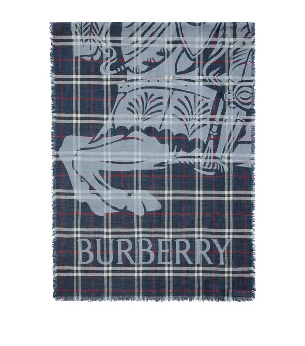 Burberry Wool-silk Wide Ekd Check Scarf - Blue