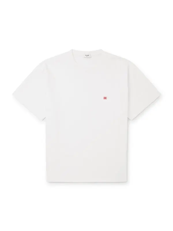 Celine Logo-embroidered Cotton-jersey T-shirt - White