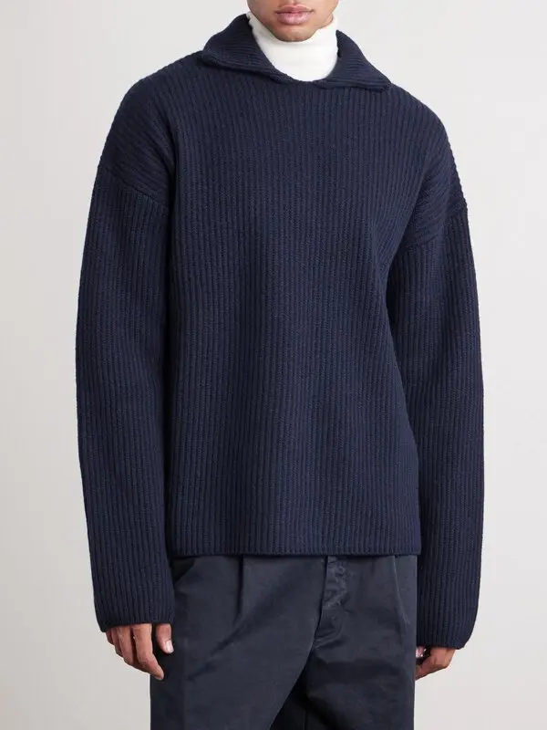A.p.c. Oversized Ribbed Wool And Cashmere-blend Polo Sweater - Blue