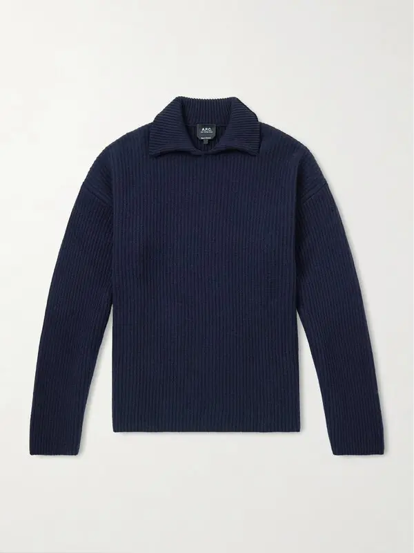 A.p.c. Oversized Ribbed Wool And Cashmere-blend Polo Sweater - Blue