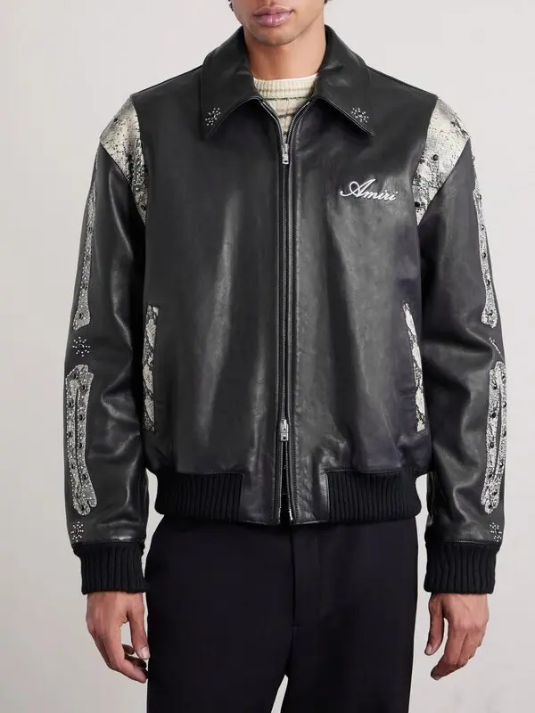 Amiri Bones Snake-effect Panelled Studded Logo-embroidered Leather Jacket