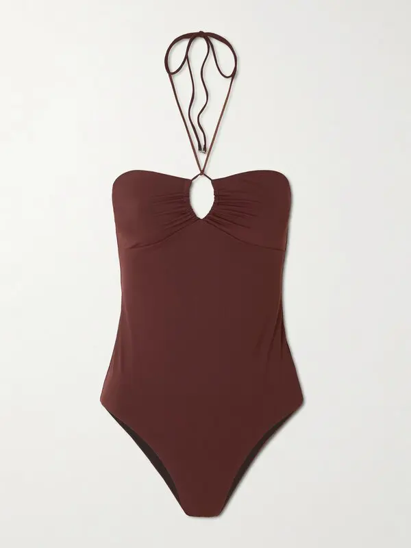 Tory Burch Ruched Cut-out Halterneck Swimsuit - Burgundy