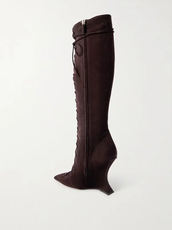 Paris Texas Nina Suede Lace-up Wedge Knee Boots - Brown