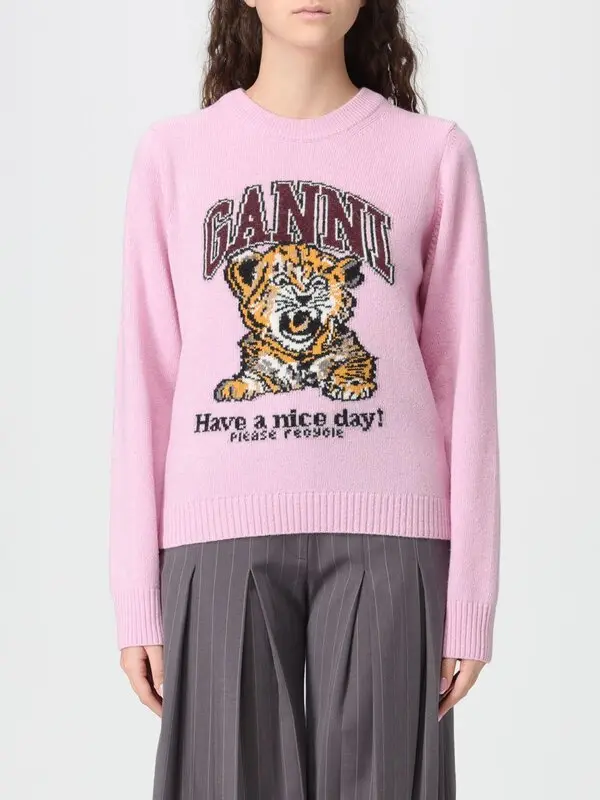 GANNI Crew Neck Tiger Graphic Pullover - Pink