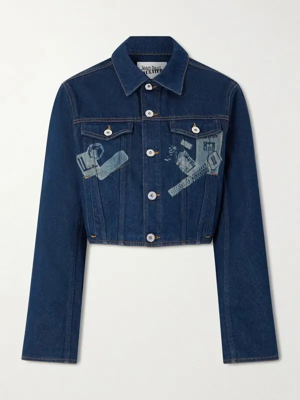 Jean Paul Gaultier Cropped Printed Denim Jacket - Blue