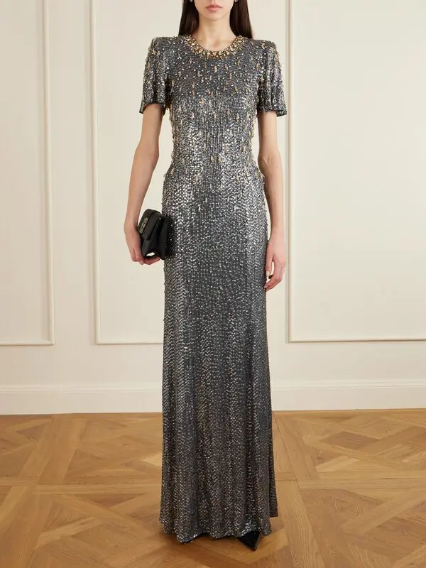 Jenny Packham Serenity Crystal-embellished Sequined Gown - Silver