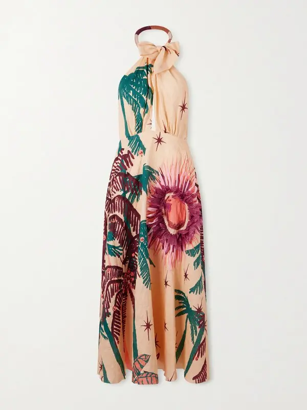 Johanna Ortiz Appliquéd Printed Halterneck Maxi Dress - Neutrals
