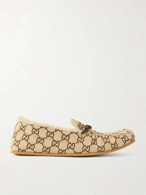 Gucci Bow-detailed Printed Shearling Loafers - Beige