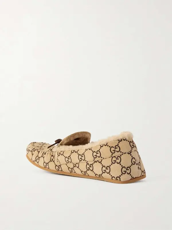 Gucci Bow-detailed Printed Shearling Loafers - Beige