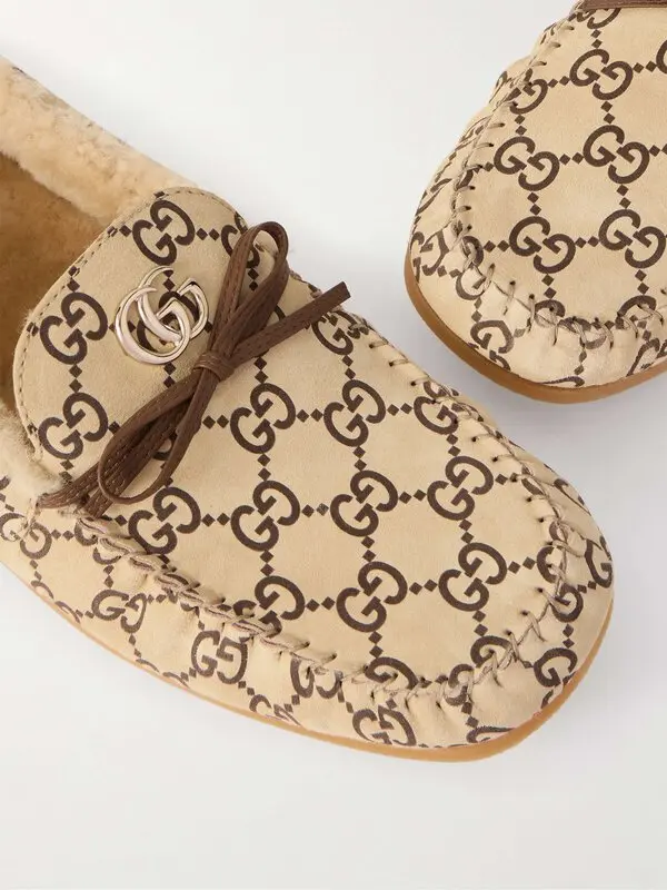 Gucci Bow-detailed Printed Shearling Loafers - Beige