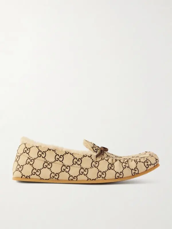 Gucci Bow-detailed Printed Shearling Loafers - Neutrals