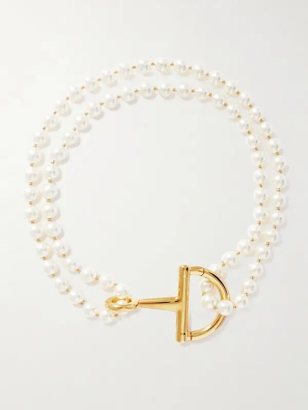 Gucci Horsebit Faux Pearl Necklace - Gold