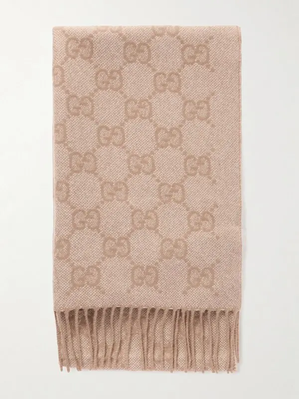 Gucci Fringed Logo-jacquard Metallic Cashmere-blend Scarf - Neutrals