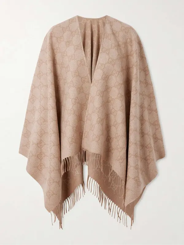 Gucci Fringed Logo-jacquard Metallic Cashmere-blend Wrap - Beige