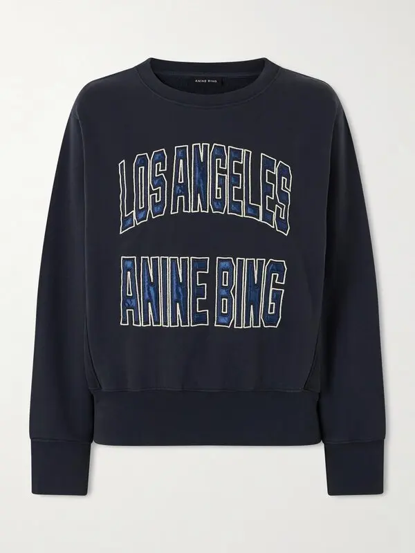 ANINE BING Harry Embroidered Cotton-jersey Sweatshirt - Black