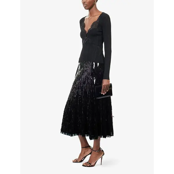 SELF-PORTRAIT Sequin Embellished Flared Woven Midi Skirt