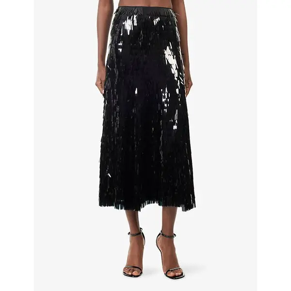SELF-PORTRAIT Sequin Embellished Flared Woven Midi Skirt