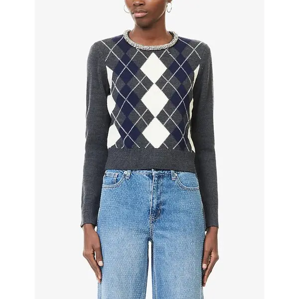 SELF-PORTRAIT Argyle Crystal Wool Jumper