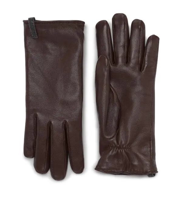 Brunello Cucinelli Leather Gloves With Monili Tab - Brown