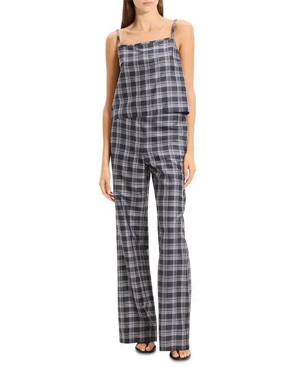 Theory Bind Strap Plaid Silk Top