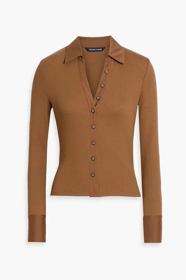 Veronica Beard Scottie Poplin-trimmed Ribbed Pima Cotton-blend Shirt - Light Brown
